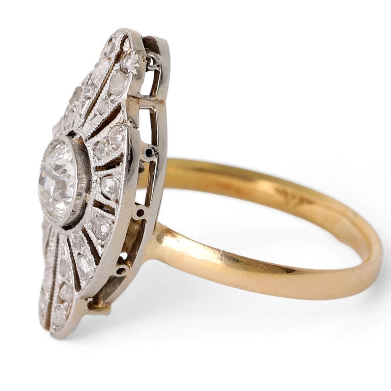 Art Deco Old European Cut Platinum 14k Yellow Gold Diamond Ring For ...