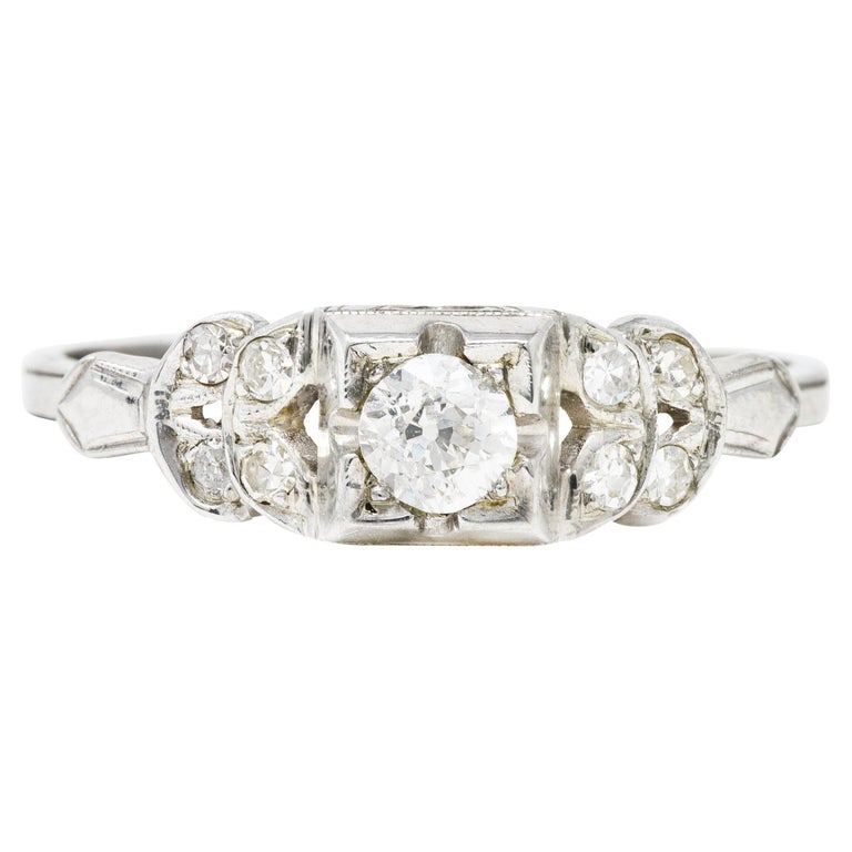 Art Deco Old European Diamond 18 Karat White Gold Step Foliate ...