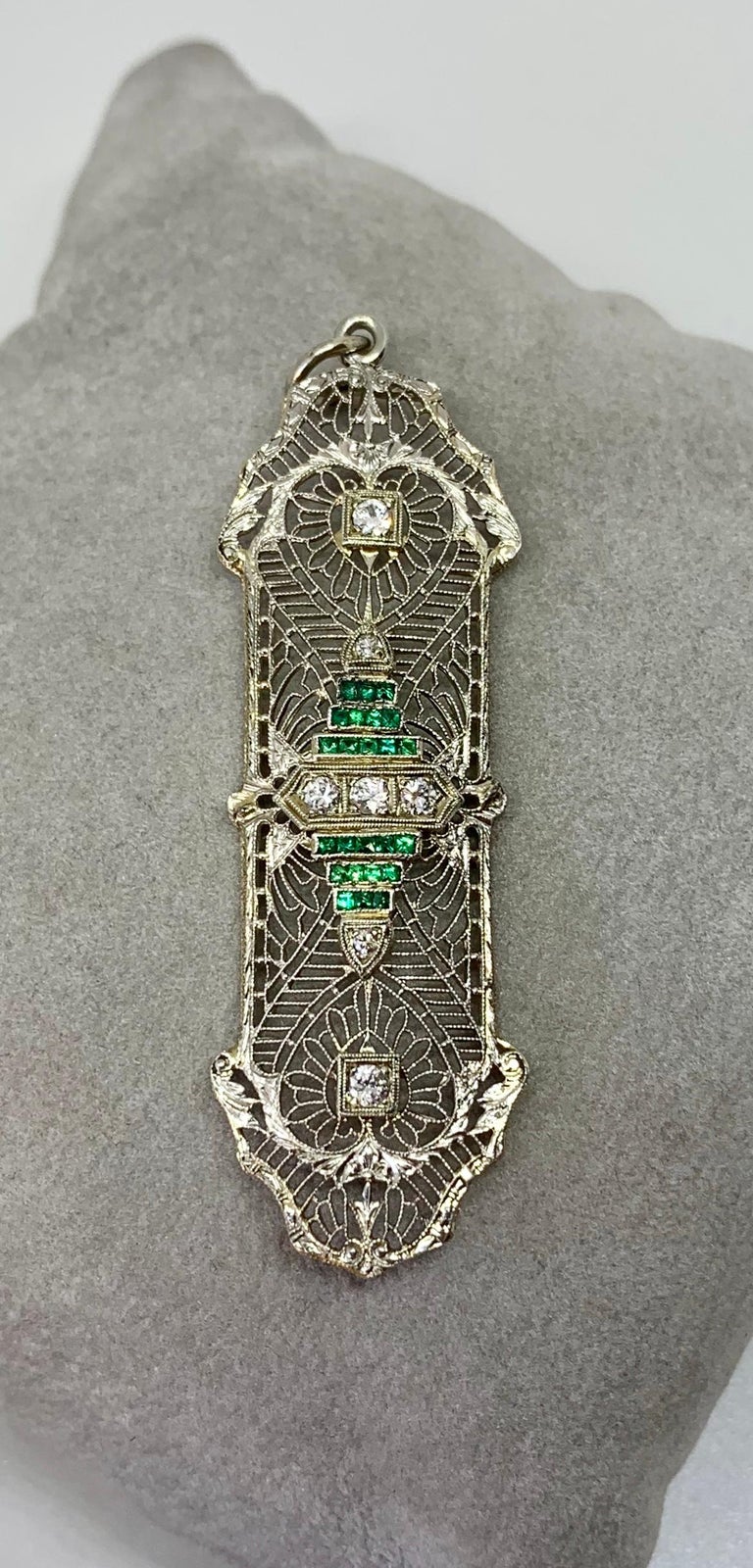 Art Deco Old Mine Diamond Emerald Pendant Necklace Filigree 14K White ...