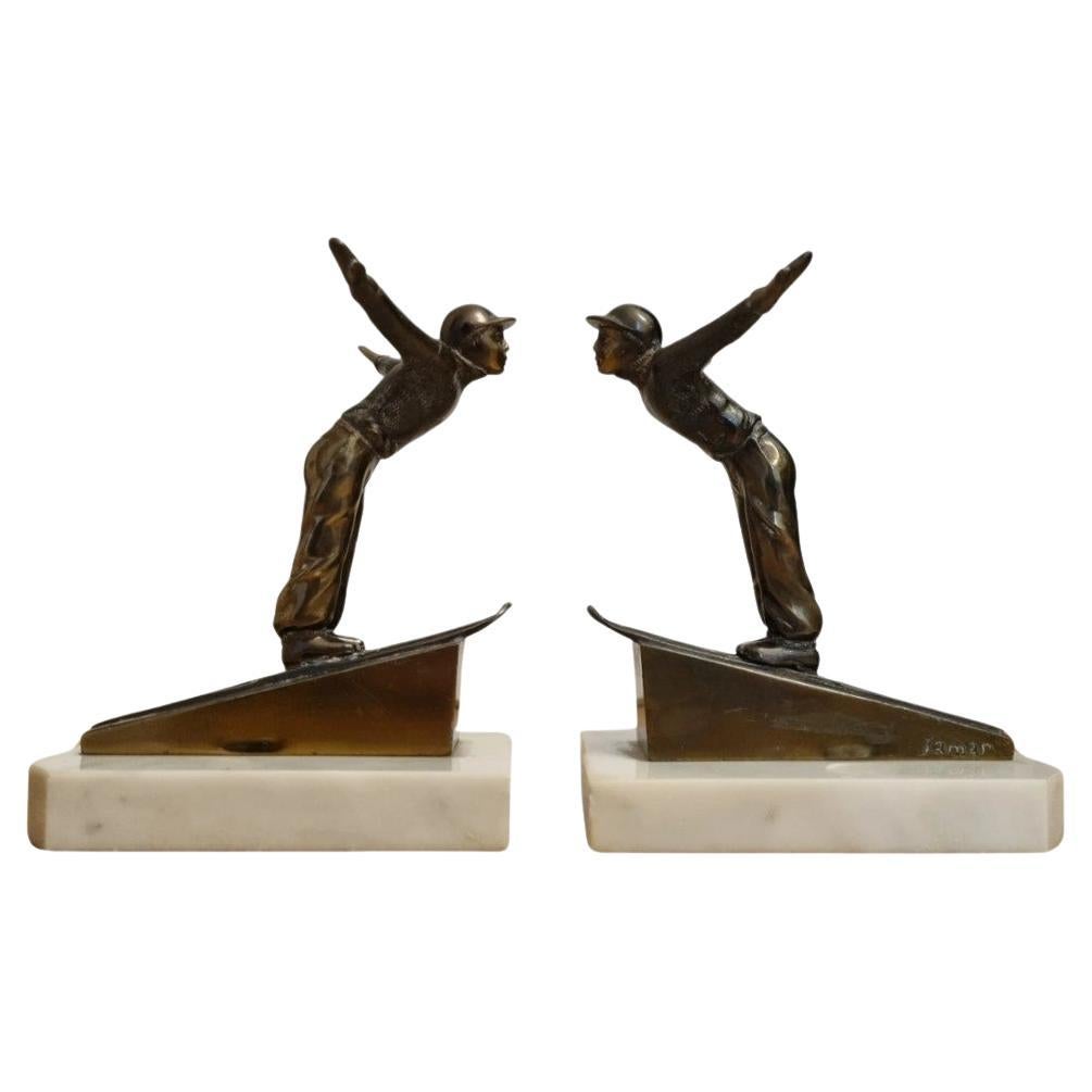 Art Deco Olympic Skier bookends signed Jamar For Sale at 1stDibs