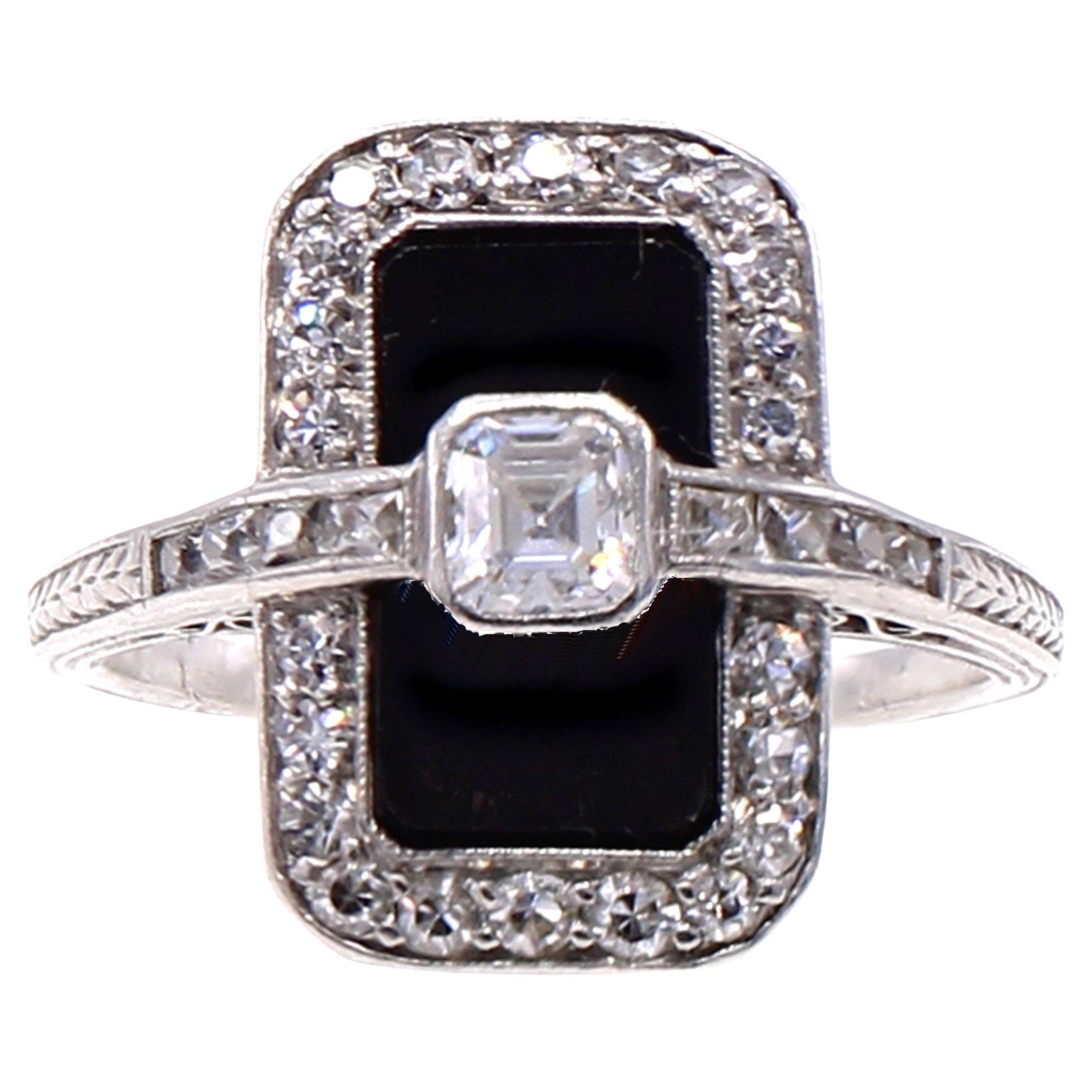 Art Deco Onyx Diamond Platinum Ring For Sale at 1stDibs