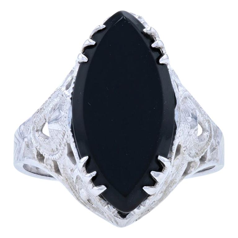 Customizable Art Deco Onyx Marquise Solitaire Ring, 10k White Gold ...