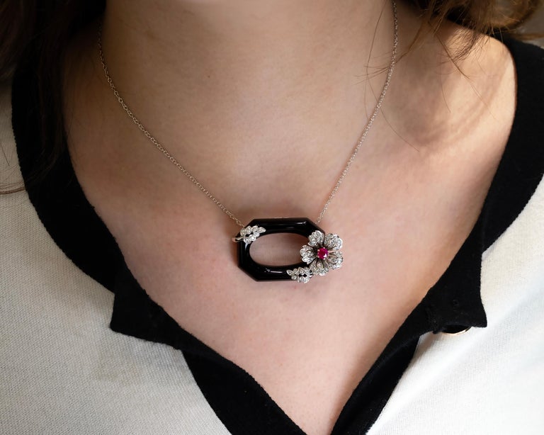 Art Deco Onyx Ruby and Diamond Flower Necklace For Sale at 1stDibs