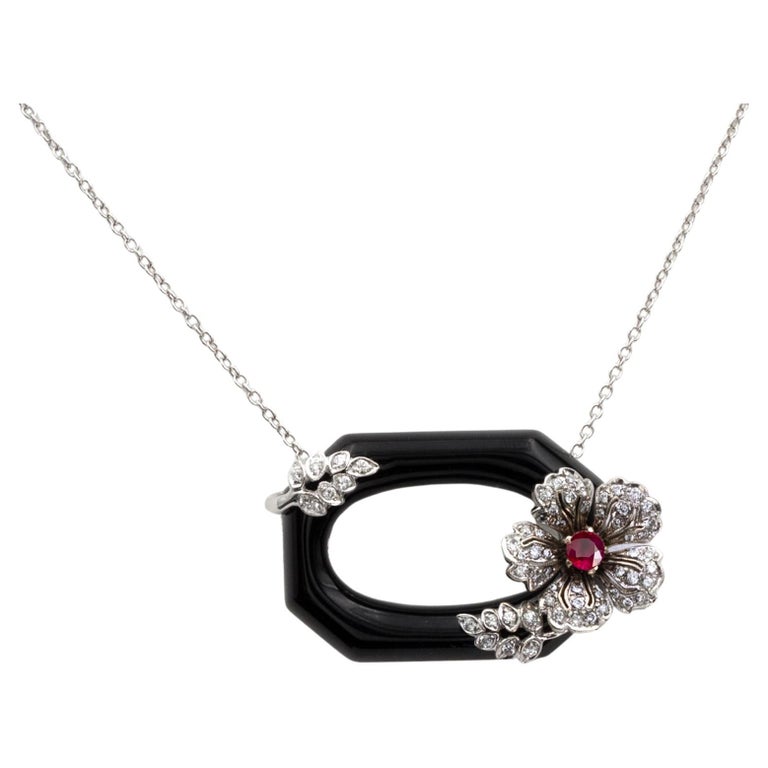 Art Deco Onyx Ruby and Diamond Flower Necklace For Sale at 1stDibs