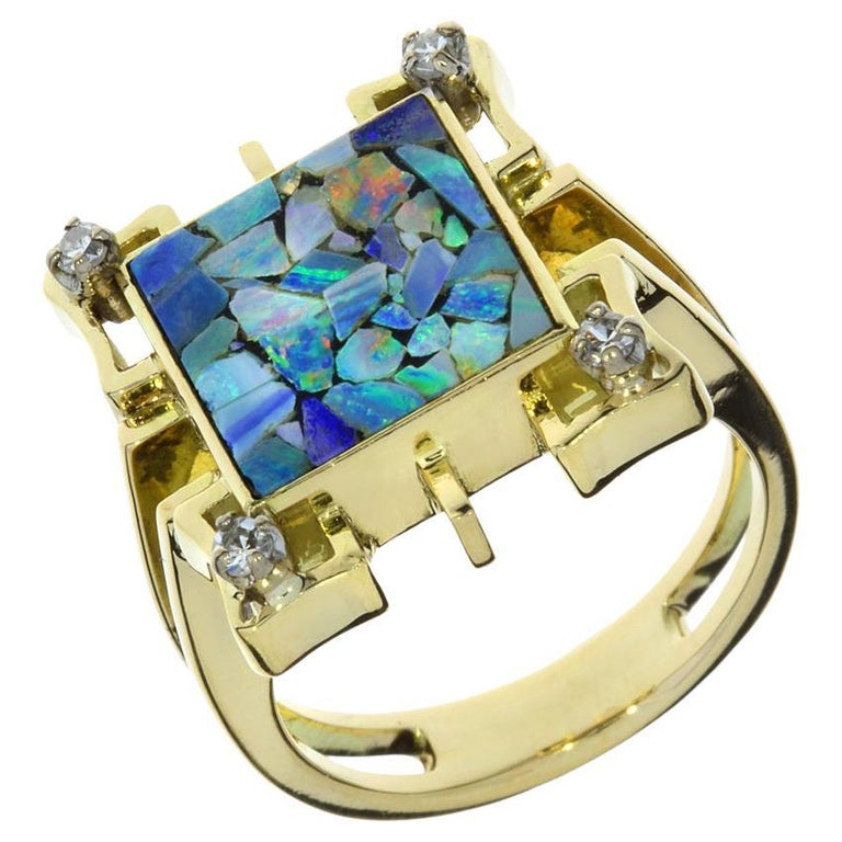 Art Deco Opal Mosaic and Diamond 14K Ring For Sale at 1stDibs