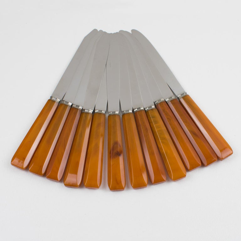 Art Deco Orange Bakelite and Stainless Steel Knives Set in Box, 24 ...