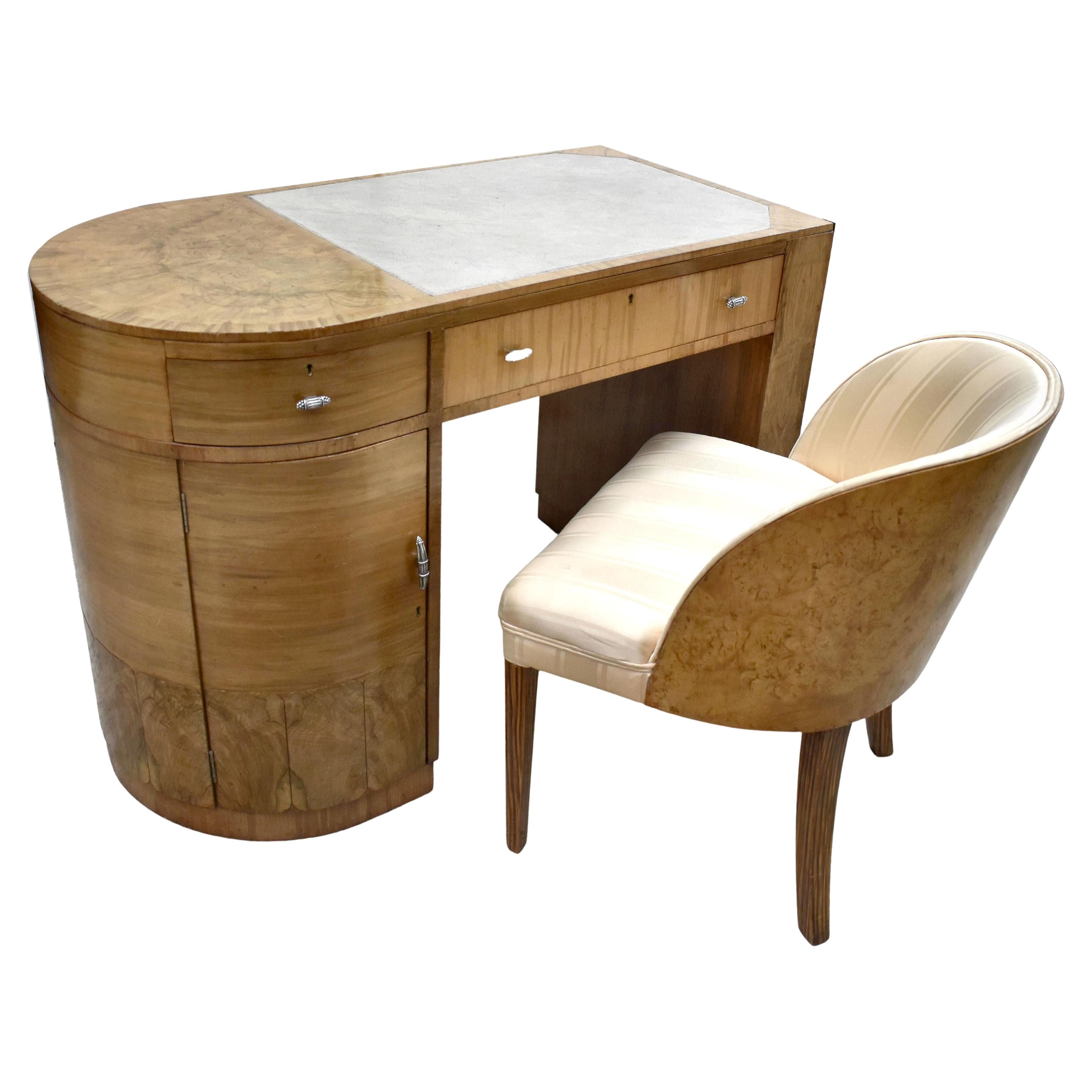 Art Deco Original English Figured Walnut Desk and Chair, c1930's at 1stDibs
