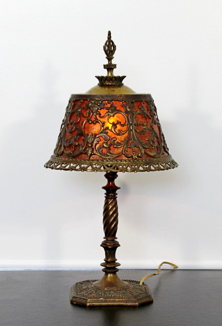 Art Deco Oscar Bach Small Bronze and Amber Glass Ornate Detailed Table ...