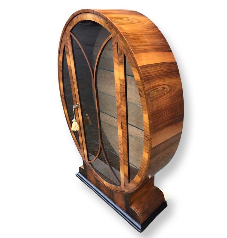 Art Deco Oval Display Cabinet in figured walnut For Sale at 1stDibs