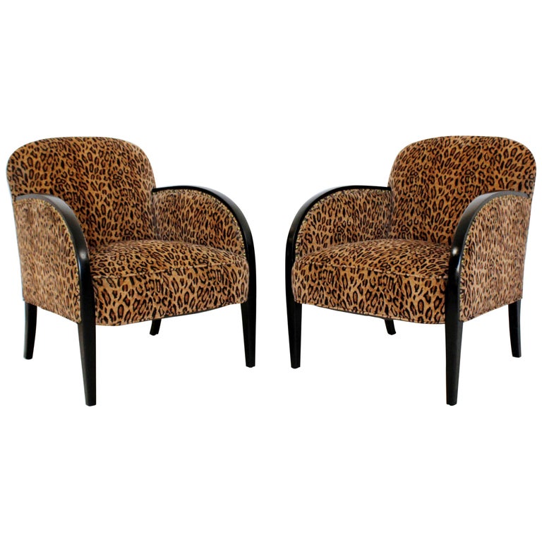 Art Deco Pair of Leopard Print and Black Lacquered Wood Lounge Club ...