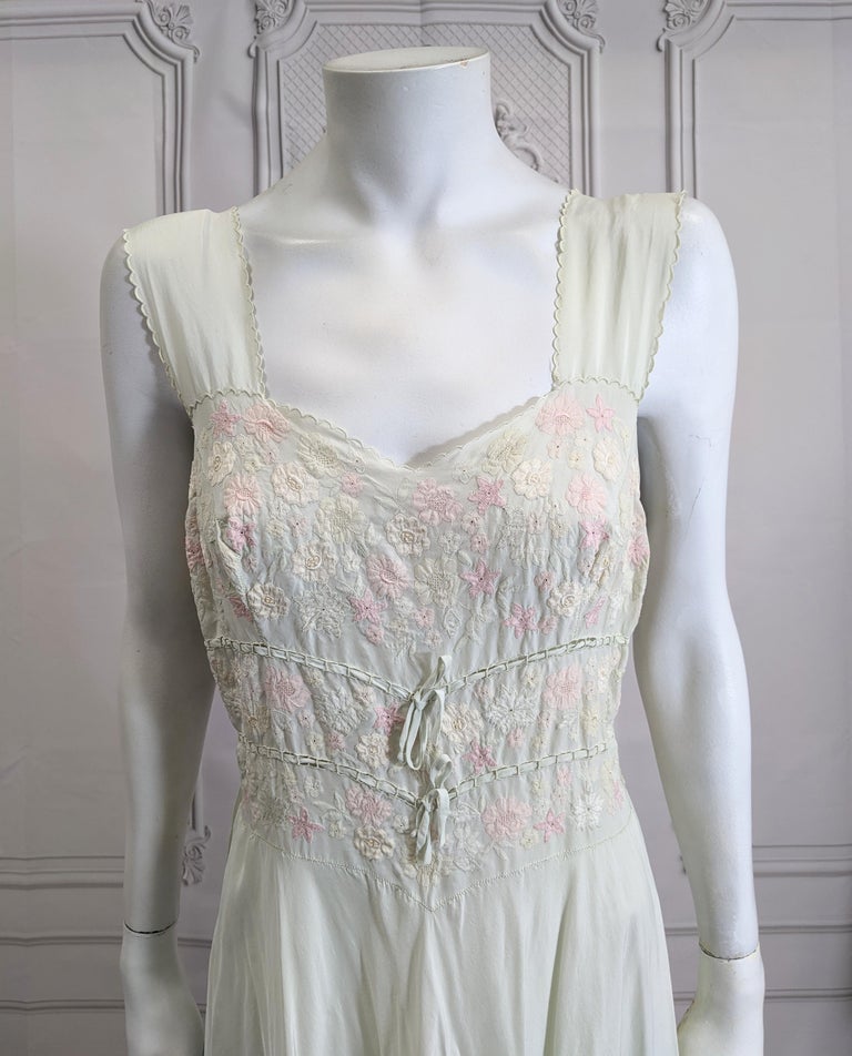 Art Deco Pastel Silk Crepe Floral Invisibly Embroidered Slip Gown For ...