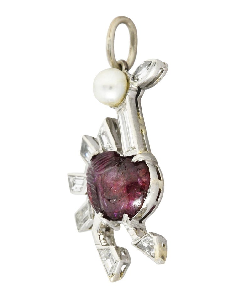 Art Deco Pearl 2.00 Carats Mughal Carved Ruby Diamond Platinum Turkey ...