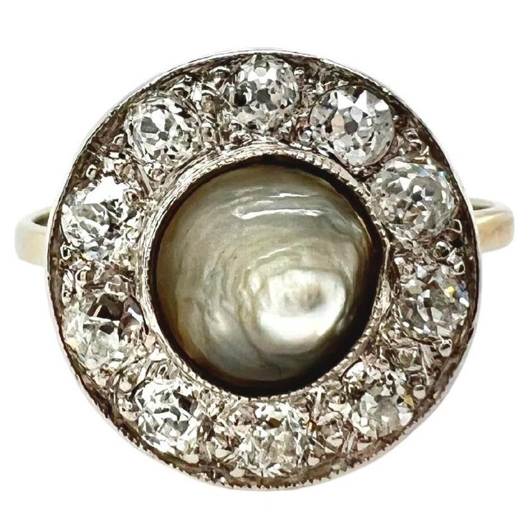 Art Deco Pearl Diamond 9 Karat White Gold Target Ring For Sale at 1stDibs