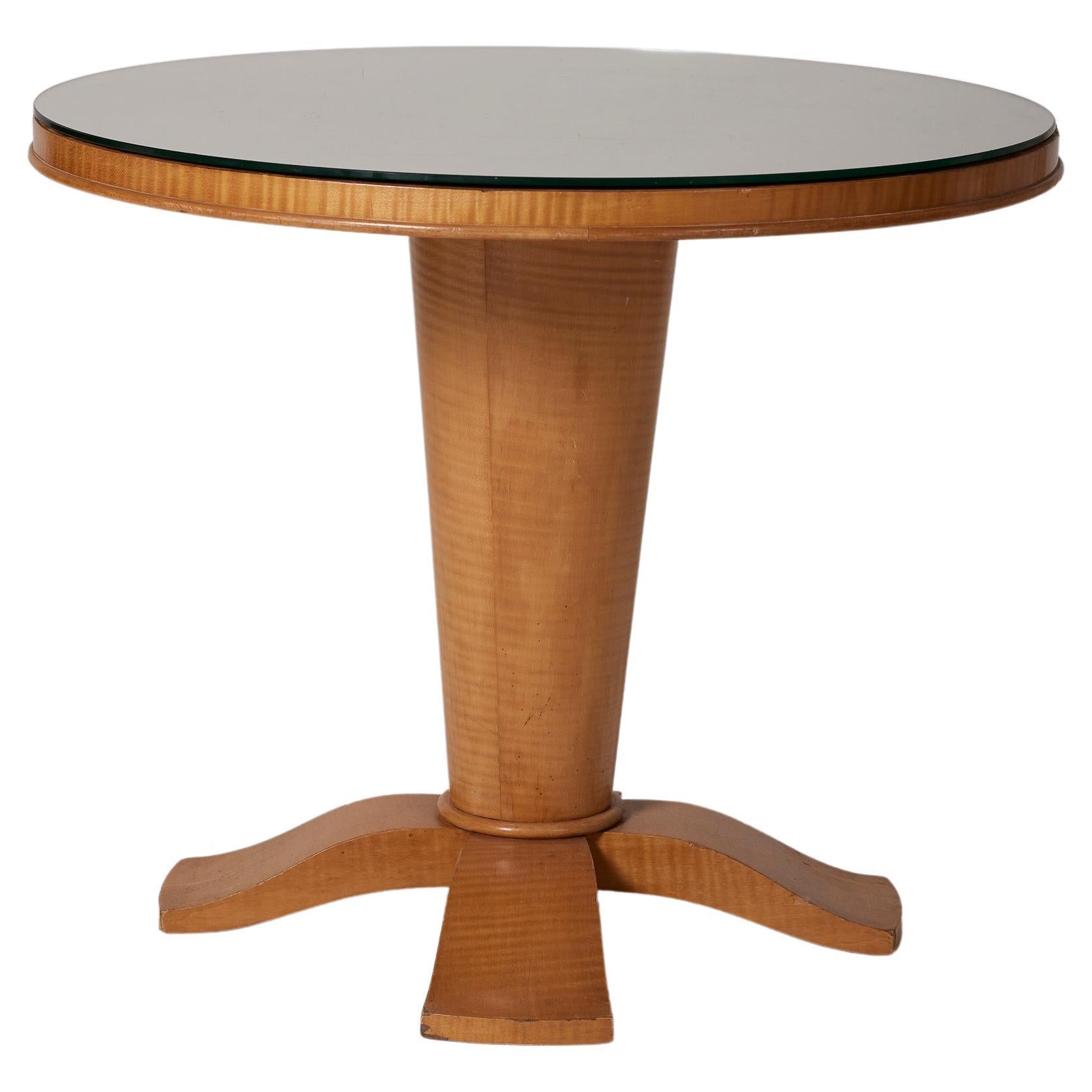André Arbus, rare art deco walnut pedestal table, mirror top, 1938 For ...