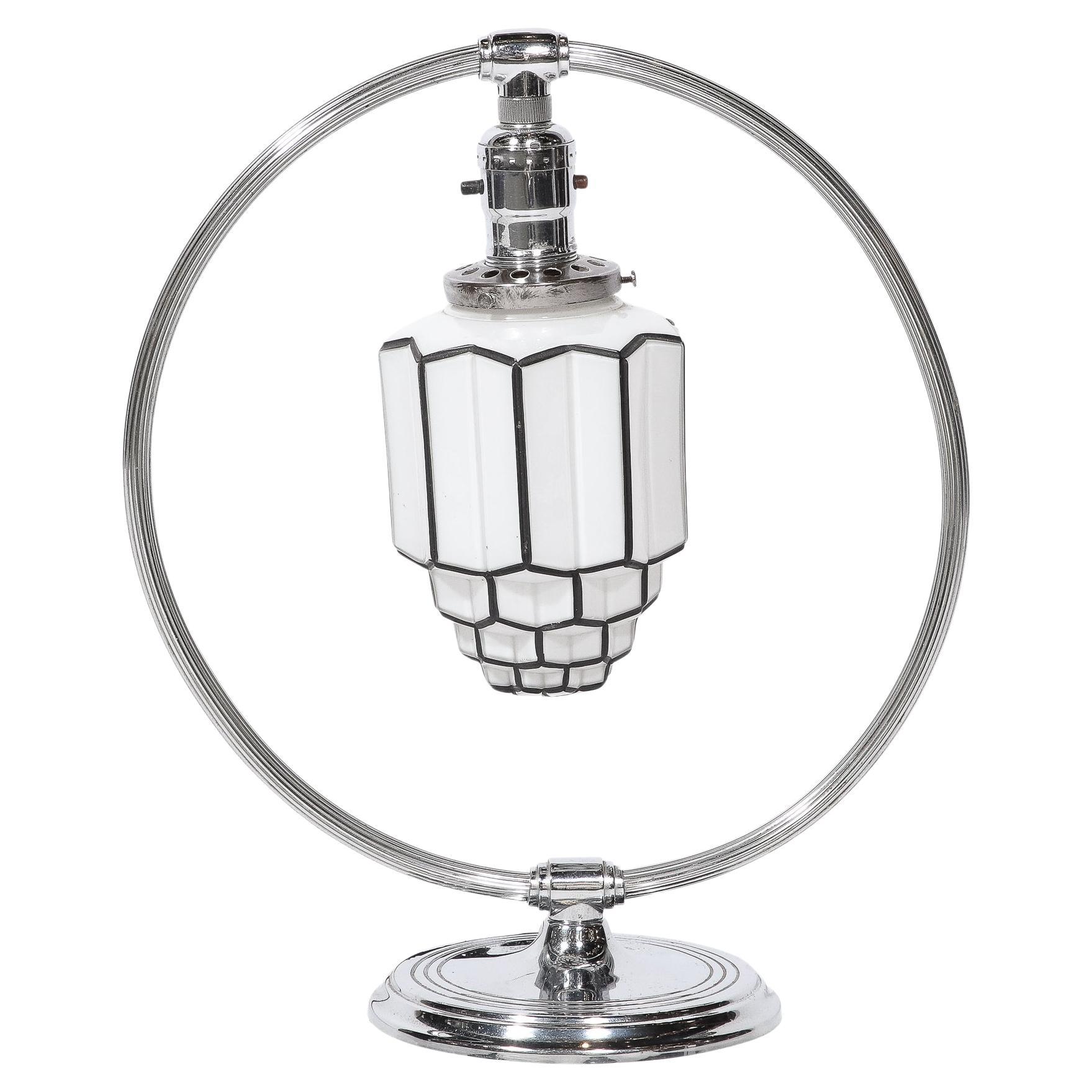 Art Deco Pendant Form Chrome and Milk Glass Table Lamp w/ Black Linear ...