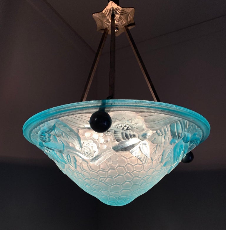 Art Deco Pendant Light w. Blue Pressed Glass Birds Flying in the Sky ...