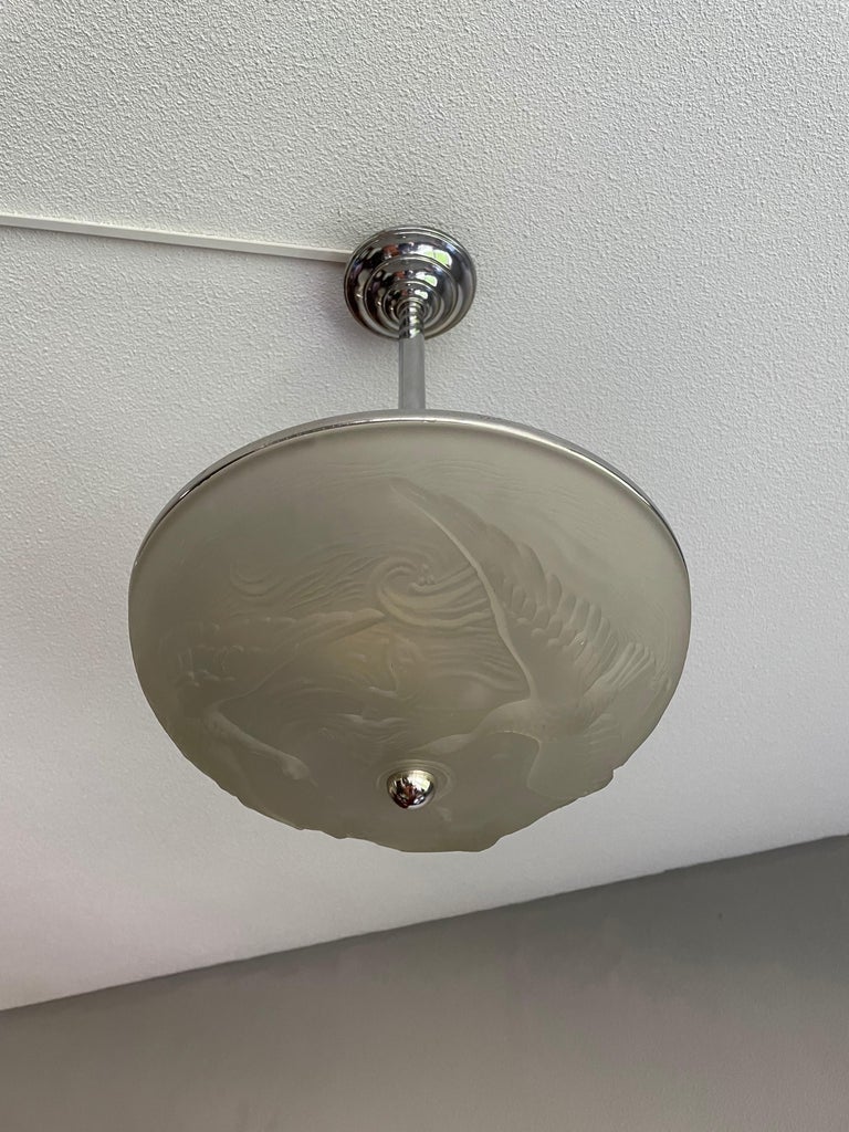 Art Deco Pendant Light w Pressed Glass Flying Ducks and Swimming Carp ...