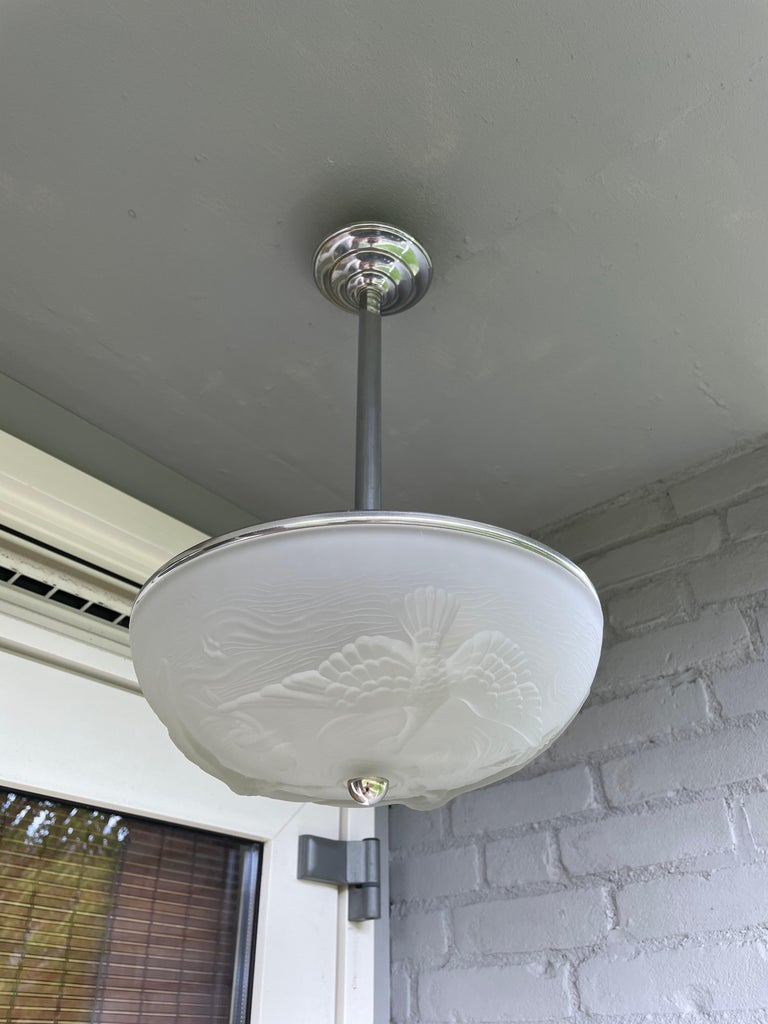 Art Deco Pendant Light w Pressed Glass Flying Ducks and Swimming Carp ...