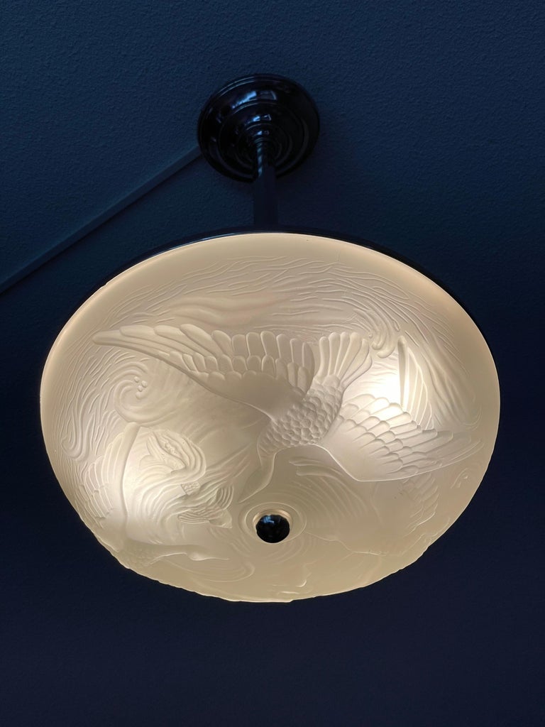 Art Deco Pendant Light w Pressed Glass Flying Ducks and Swimming Carp ...
