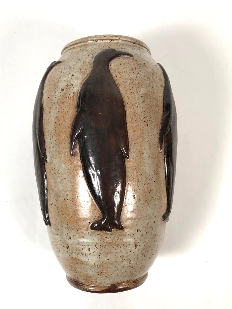 Art Deco Penguin Stoneware Vase, Belgian, circa 1930 at 1stDibs