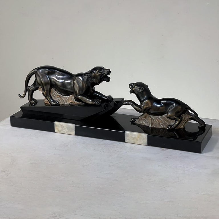 Art Deco Period French Sculpture of Tigers on Polished Slate Base For ...
