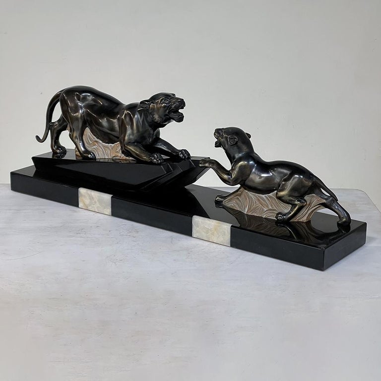Art Deco Period French Sculpture of Tigers on Polished Slate Base For ...