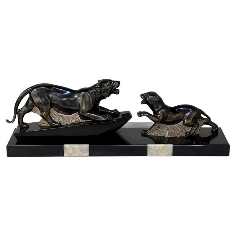 Art Deco Period French Sculpture of Tigers on Polished Slate Base For ...