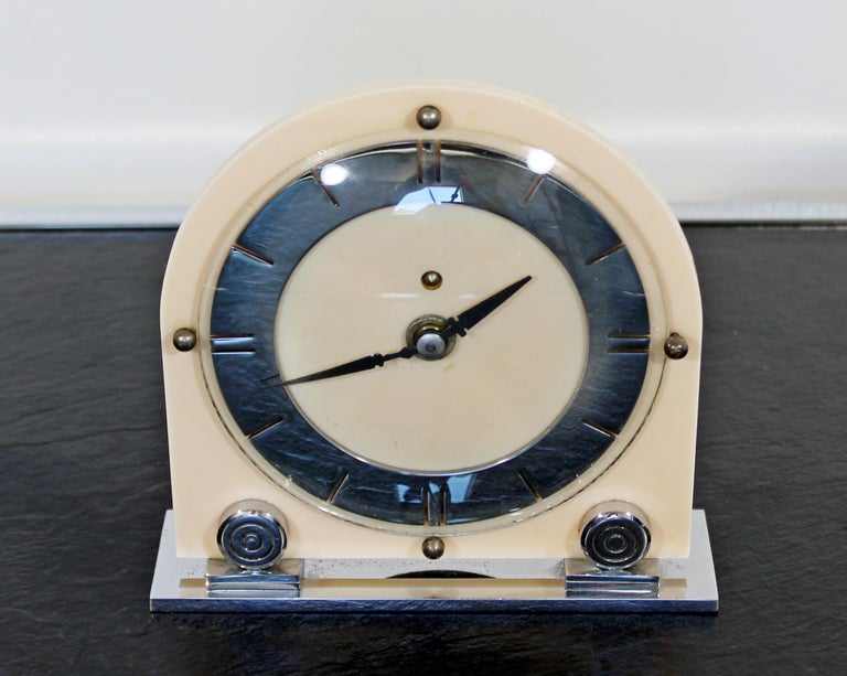 Art Deco Pink Celluloid Mantle Shelf Clock with Round Face on Chrome ...