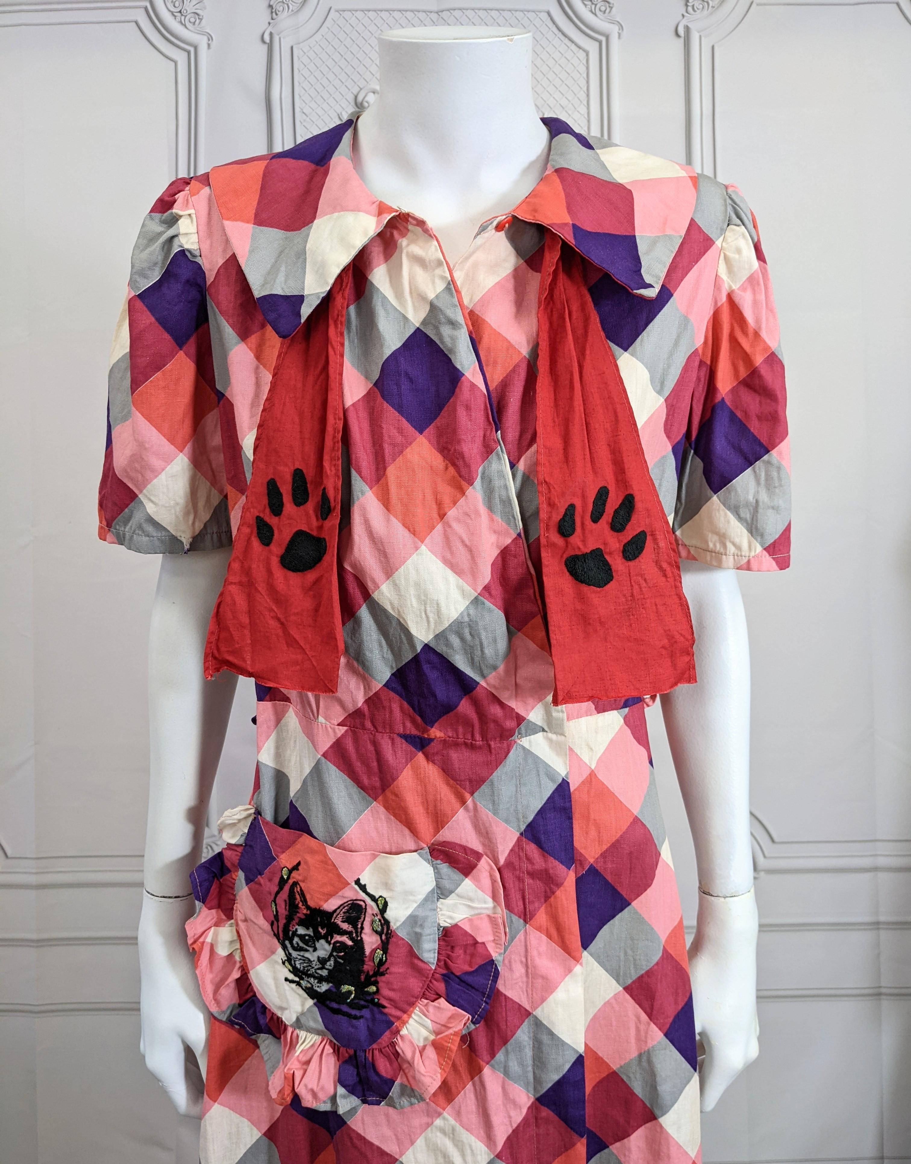 Art Deco Plaid Cat Lady House Dress, Upcycled Studio VL For Sale at 1stDibs