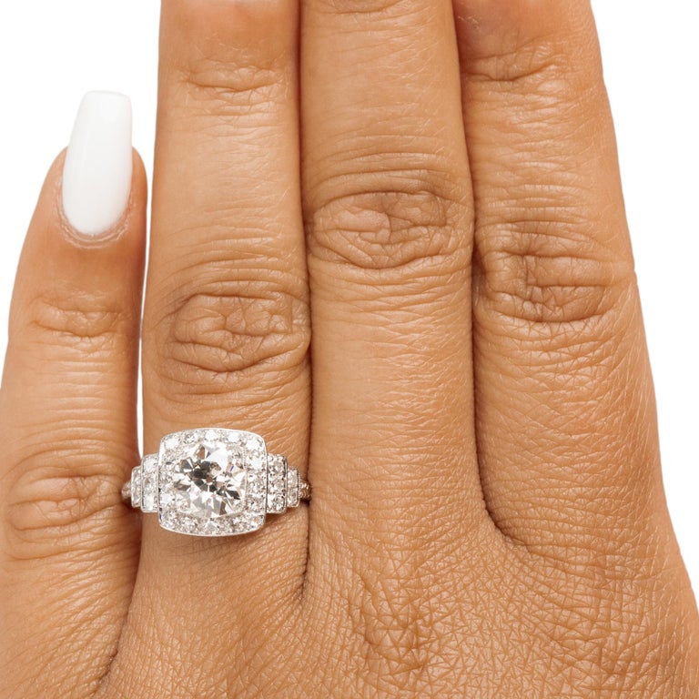 Art Deco Platinum 1.58Ct GIA Cert. Old European Cut Square Halo Engagement Ring For Sale at 1stDibs