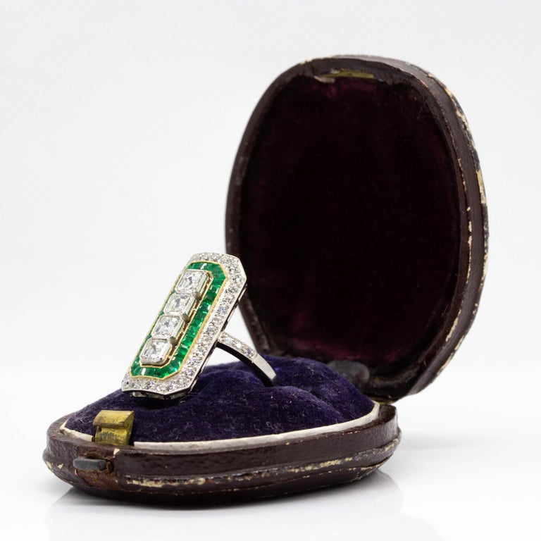 Art Deco Platinum Ascher Cut Diamond and Emerald Ring at 1stDibs ...