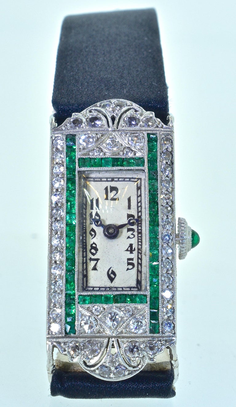 Art Deco Platinum, Diamond and Emerald Wristwatch, circa 1920 For Sale ...