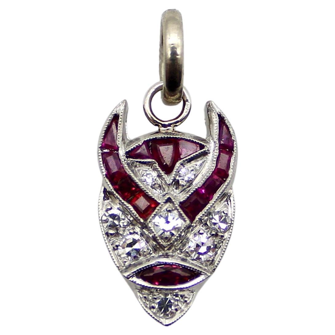 Art Deco Platinum Diamond and Emerald Devil Pendant For Sale at 1stDibs