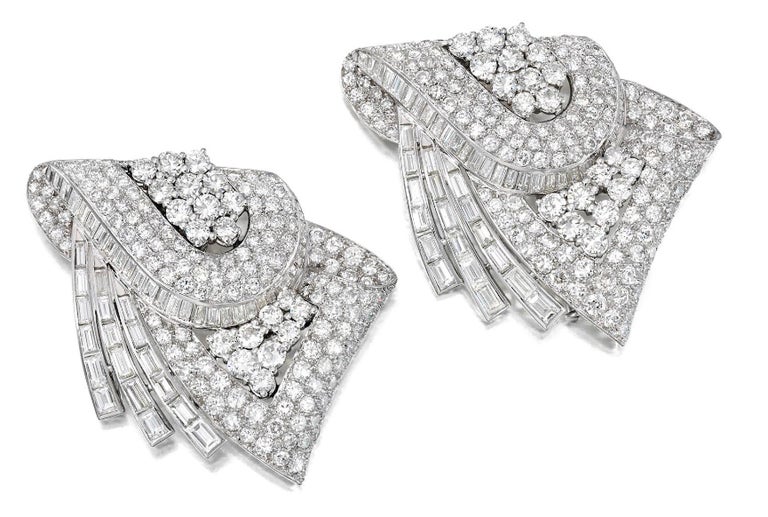 Art Deco Platinum Diamond Clip Brooches For Sale at 1stDibs