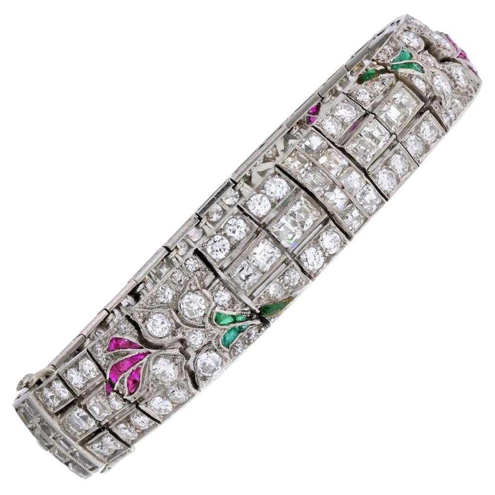 Diamond Ruby Emerald Onyx Platinum Flower Bracelet For Sale at 1stDibs