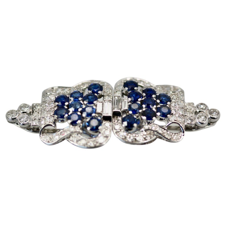 Art Deco Platinum Diamond Sapphire Clip Brooches For Sale at 1stDibs