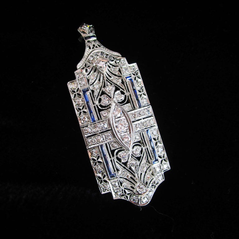Art Deco Platinum Diamond Sapphire Convertible Pin Pendant at 1stDibs