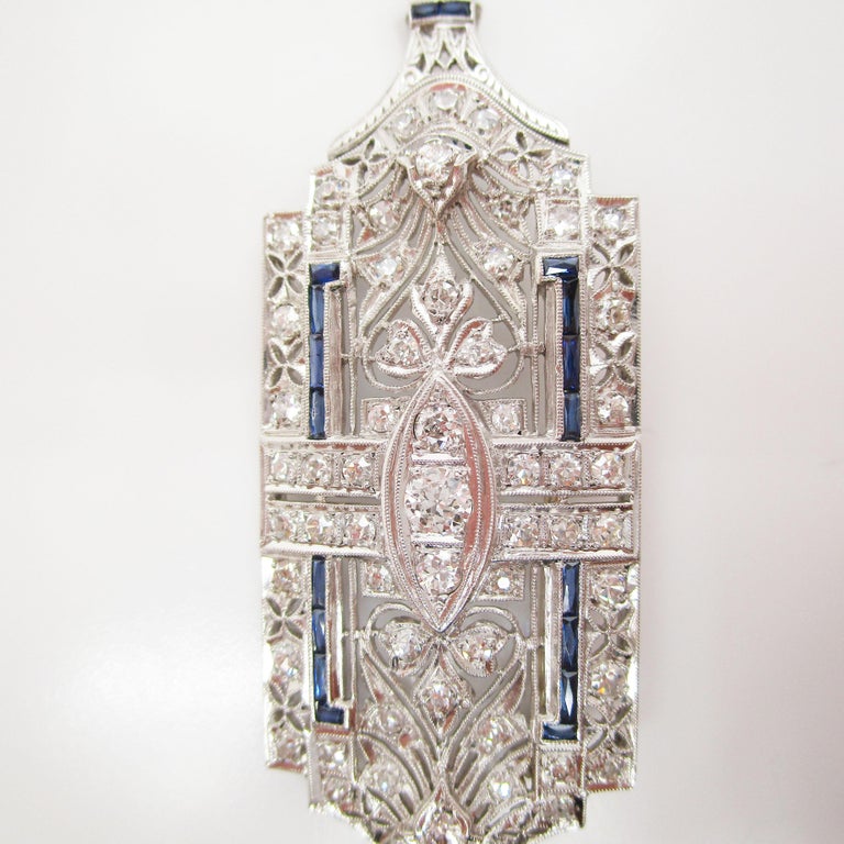 Art Deco Platinum Diamond Sapphire Convertible Pin Pendant at 1stDibs