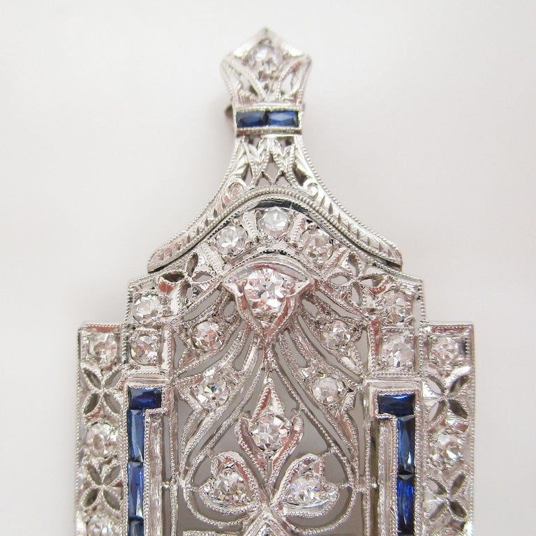 Art Deco Platinum Diamond Sapphire Convertible Pin Pendant at 1stDibs