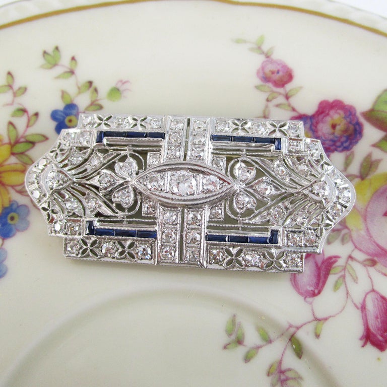Art Deco Platinum Diamond Sapphire Convertible Pin Pendant at 1stDibs