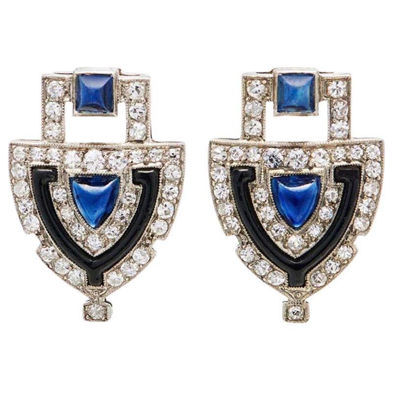 Art Deco Sapphire Diamond Platinum Open Work Earrings at 1stDibs