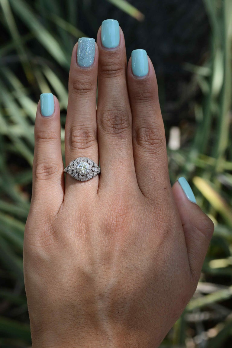 Art Deco Platinum Dome Filigree Diamond Engagement Ring at 1stDibs