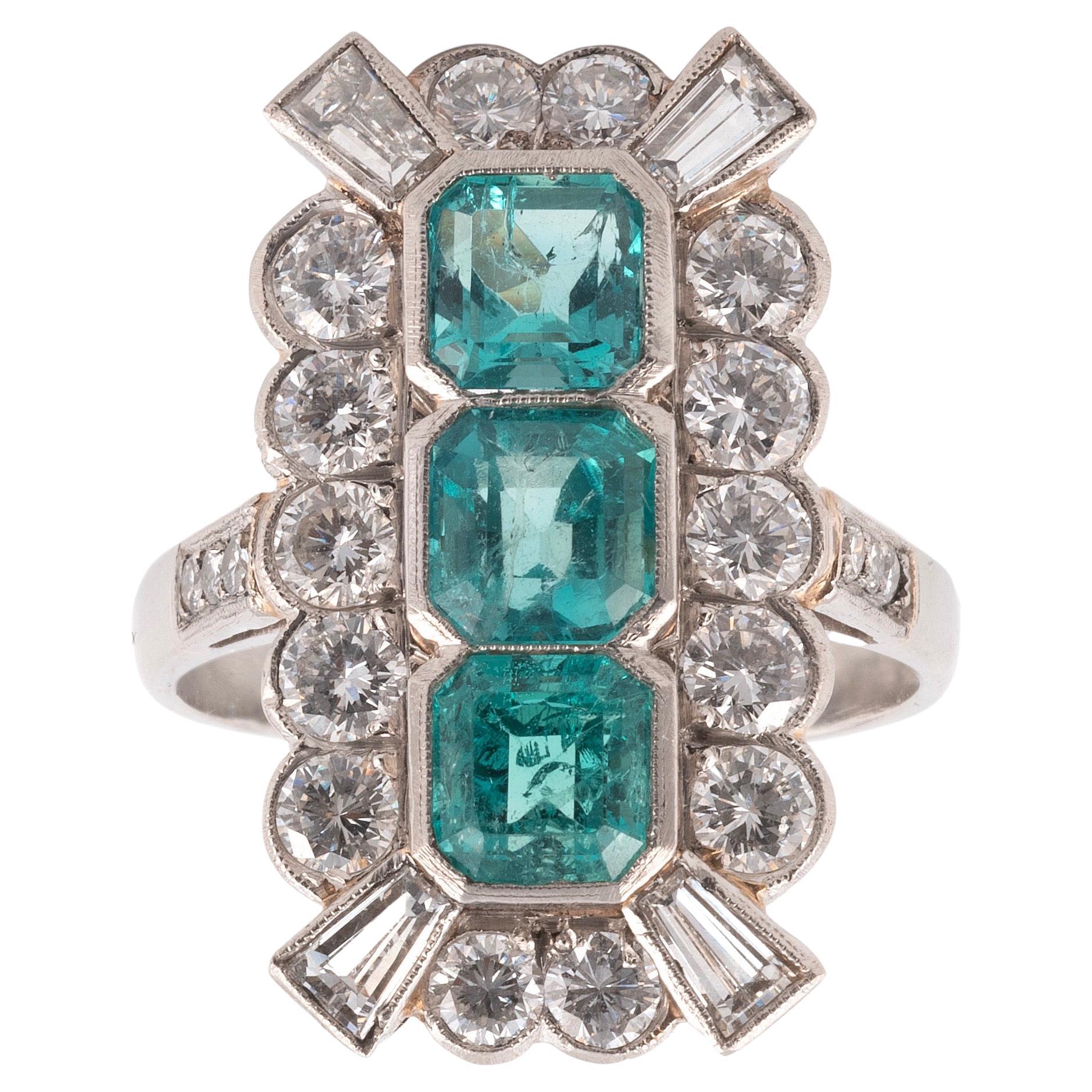 Art Deco Platinum Ascher Cut Diamond and Emerald Ring at 1stDibs