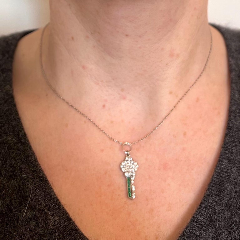 Art Deco Platinum Emerald Diamond Key Charm Pendant For Sale at 1stDibs