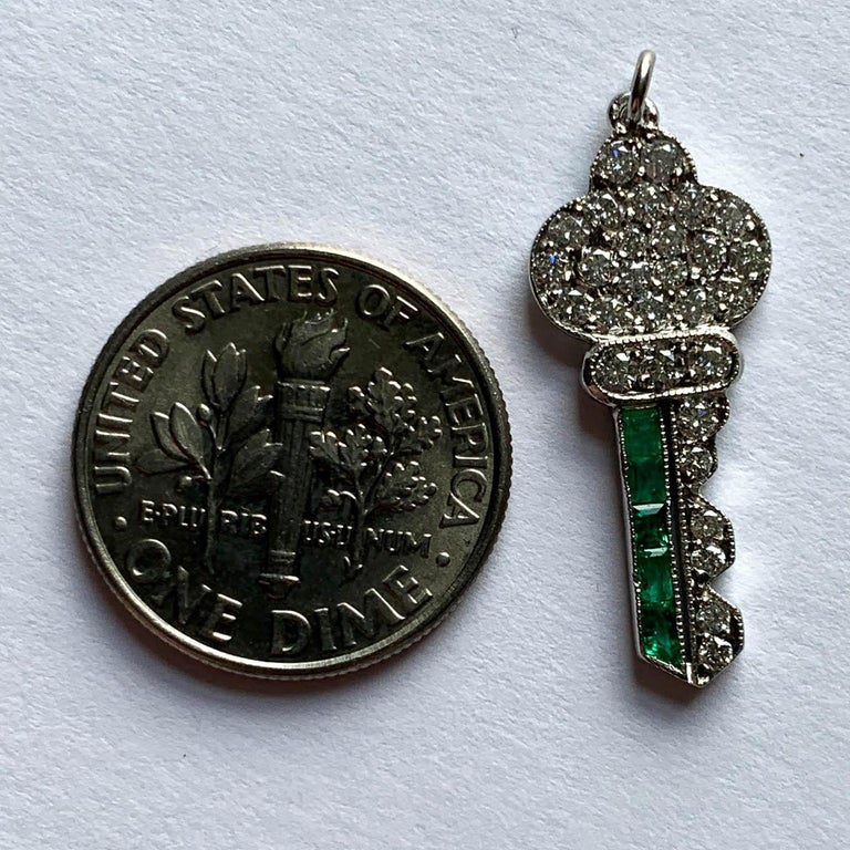 Art Deco Platinum Emerald Diamond Key Charm Pendant For Sale at 1stDibs