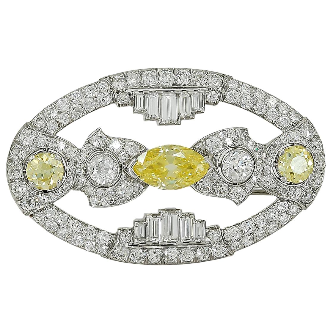 Art Deco Fancy Colored Diamond Platinum Brooch For Sale at 1stDibs