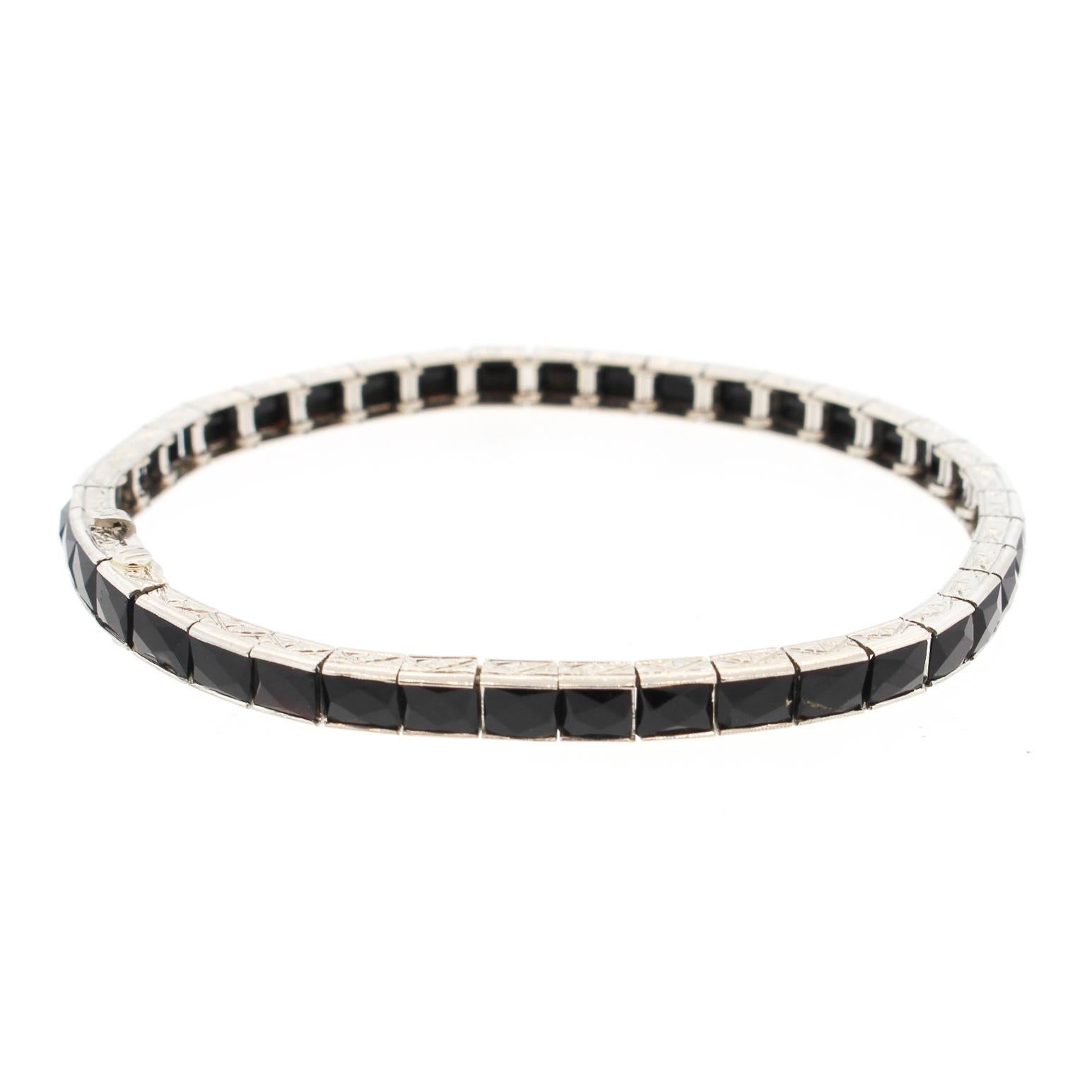 Art Deco Platinum French Cut Onyx Line Bracelet at 1stDibs