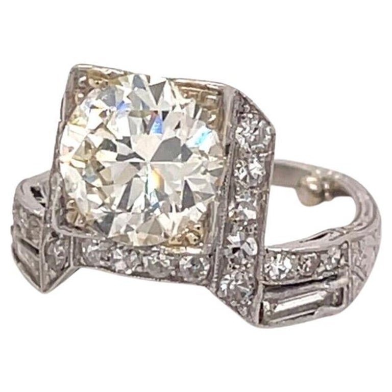 Art Deco Platinum GIA 1.98CT Round Diamond W/ Single Cut and Baguette Diamond Ring at 1stDibs