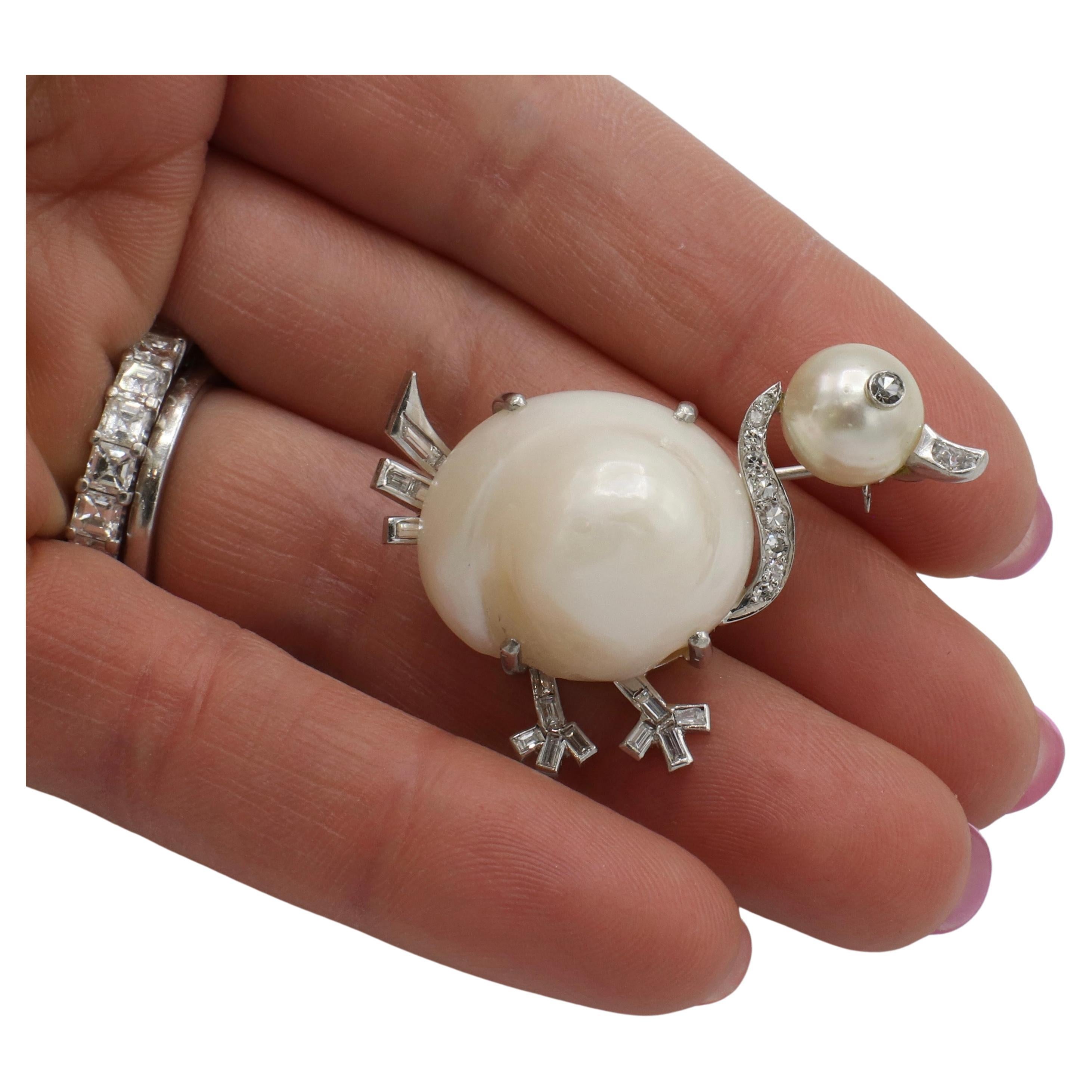 Art Deco Platinum Natural Diamond and Pearl Duck Pin Brooch For Sale at ...