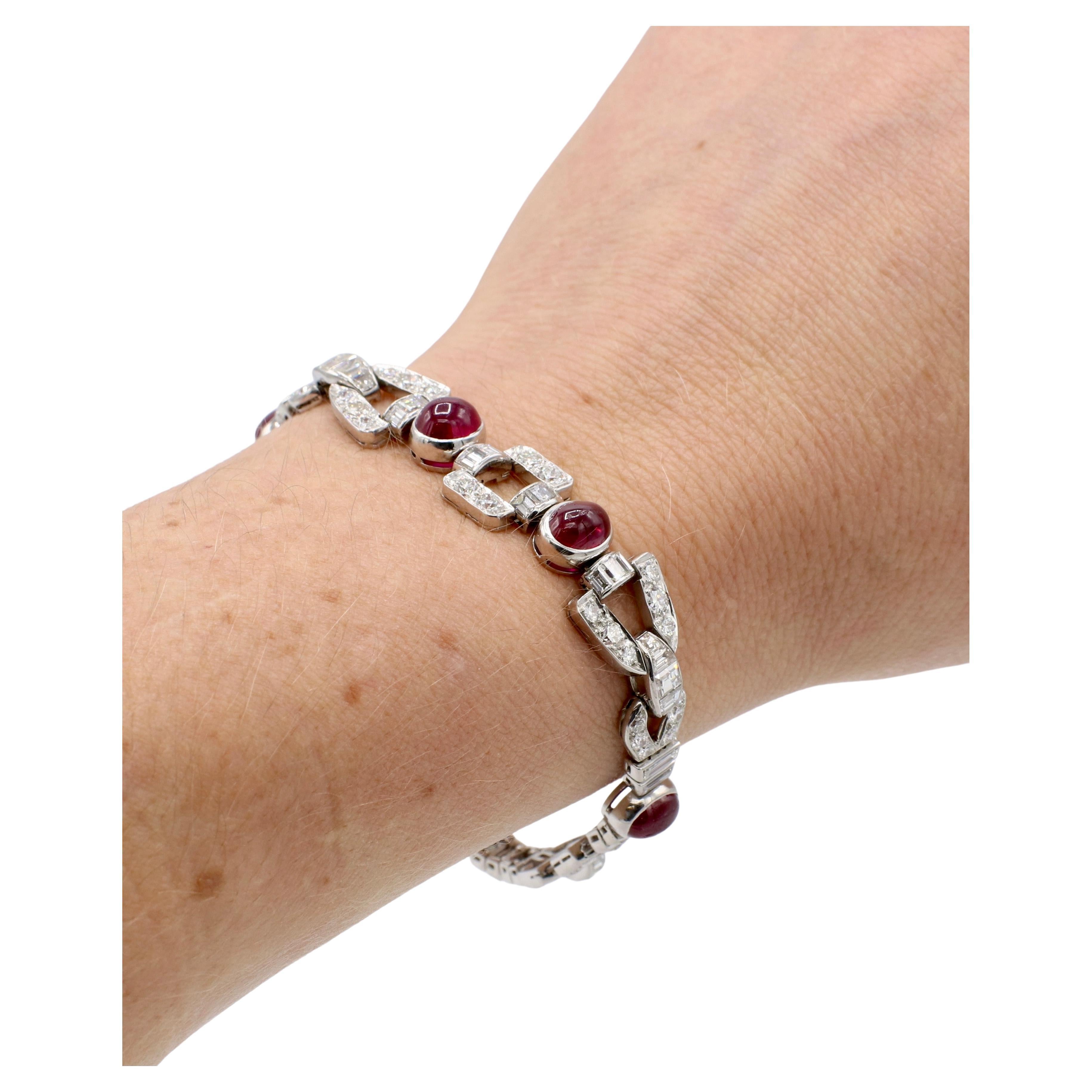 Art Deco Platinum Natural Diamond and Ruby Cabochon Bracelet For Sale ...